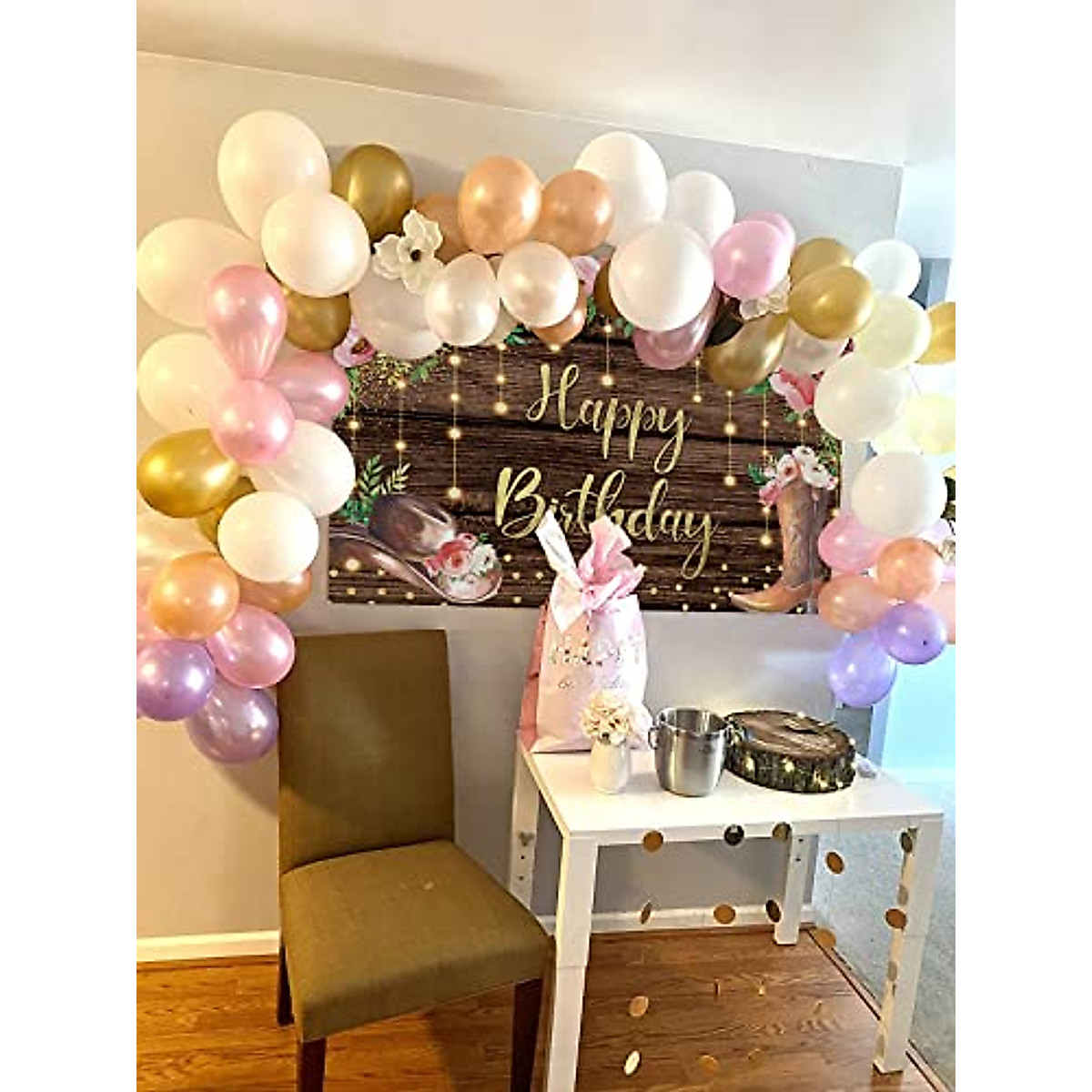 Cowgirl Happy Birthday Backdrop 7x5FT Western Hat Boot Floral Glitter Brown Rustic Wooden Boho Bday Photography Background for Women Country Party Decorations Banner Props