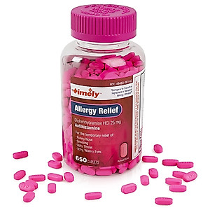 Timely Allergy Relief Diphenhydramine HCl 25 mg - 650 Caplets - Compared to Benadryl Allergy Ultratab - Antihistamine - Allergy Medication - Runny Nose Relief for Adults - Watery Eyes Treatment