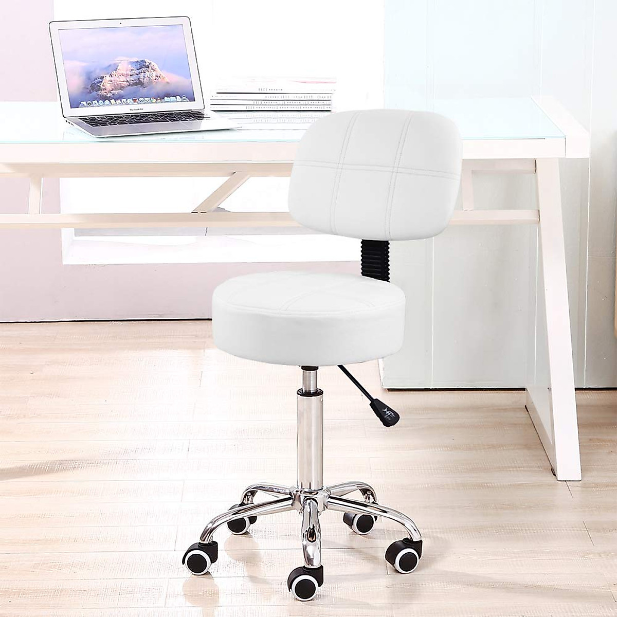 KKTONER Round Rolling Stool with Back PU Leather Height Adjustable Swivel Drafting Work SPA Salon Stools Chair with Wheels White