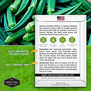 Survival Garden Seeds - Clemson Spineless Okra Seed for Planting - Packet with Instructions to Plant and Grow Tender and Large Okra in Your Home Vegetable Garden - Non-GMO Heirloom Variety