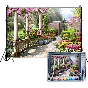DORCEV 9x6ft Spring Beautiful Garden Photography Backdrop Vintage Garden Architecture Pillars Blooming Flowers Background Outdoor Wedding Portraits Photo Studio Props Wallpaper