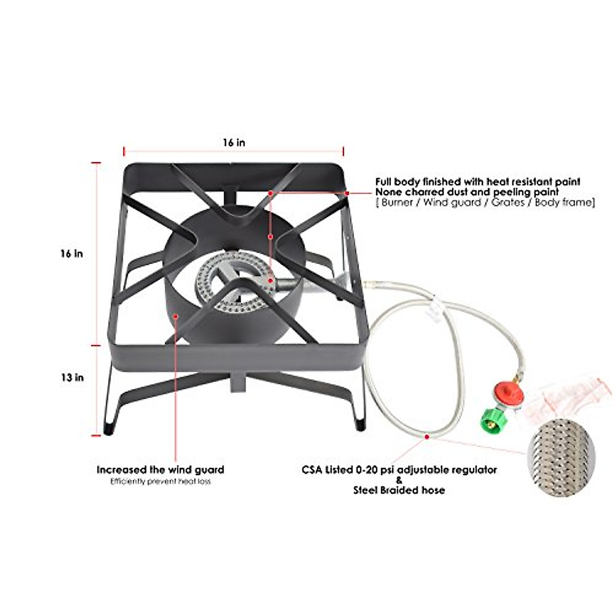 COOKAMP High Pressure Gas Cooker Outdoor Propane Burner with 0-20 PSI Adjustable Regulator and Steel Braided Hose SA1100