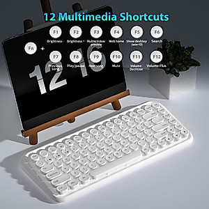 Wireless Bluetooth Keyboard, 2.4GHz Typewriter Retro Keyboard, 84 Keys Portable Office Computer Keyboard with 2xAA Batteries and Cute Floated Round Keycaps for Windows Android PC Laptop Mac iPad,White