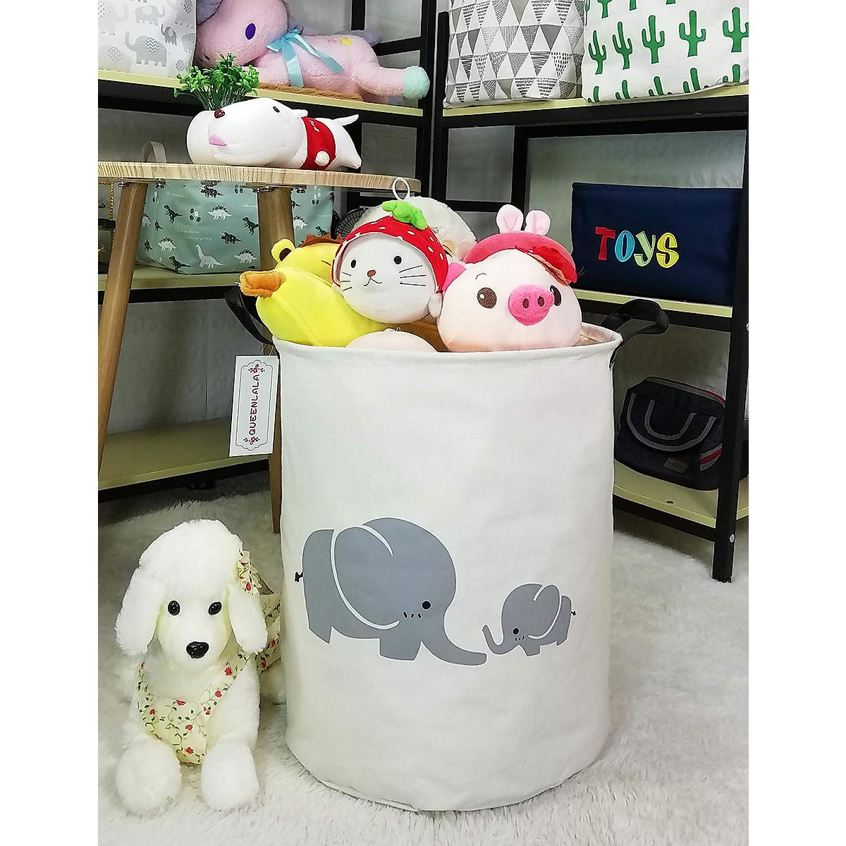 QUEENLALA Large Storage Basket,Laundry Hamper/Bathroom/Home Decor/Collapsible Round Storage Bin,Boys and Girls Hamper/Boxes/Clothing(Parent-child elephant)