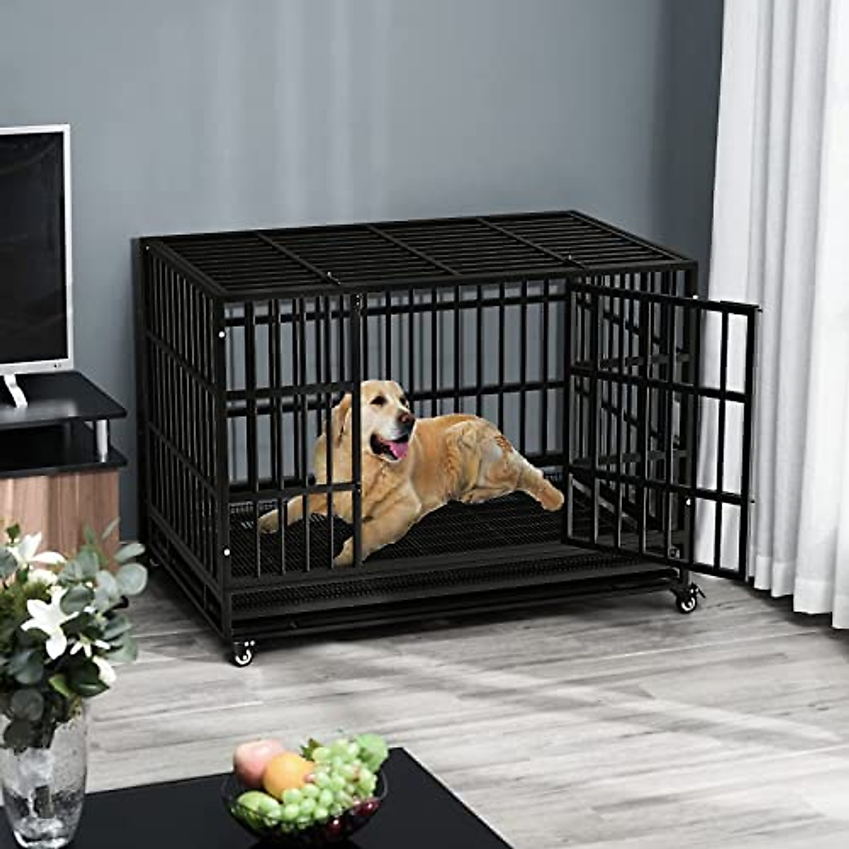LEMBERI 48/38 inch Heavy Duty Indestructible Dog Crate, Escape Proof Dog Cage Kennel with Lockable Wheels,High Anxiety Double Door Dog Crate,Extra Large Crate Indoor for Large Dog with Removable Tray