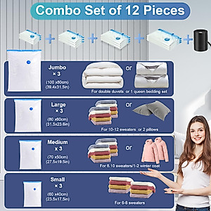 Vacuum Storage Bags with Electric Pump, 12 Combo (3J/3L/3M/3S) Space Saver Sealer Bags, Compression Bags for Comforters, Clothes, Blankets, Coverlet, Quilt, Pillows