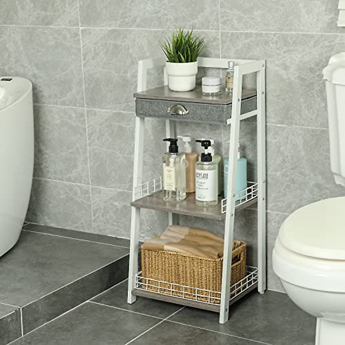 keomaisyto 3-Tier Bathroom Ladder Shelf, Floor Storage Shelf with Drawer, Freestanding Open Tower Shelving Unit for Bathroom Living Room Balcony（White）