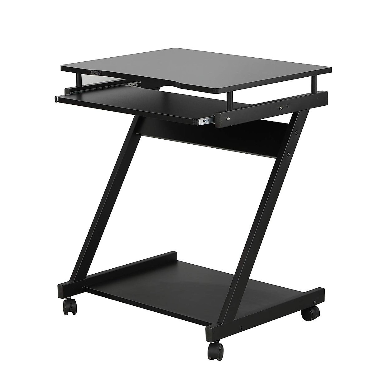 soges Small Rolling Computer Desk, Z Shape Laptop Desk Cart on Wheels, Mobile Computer Workstation for Home and Office with Keyboard Tray, Black