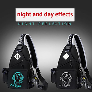 CUSALBOY Fashion One-Shoulder Backpack Youth Leisure Backpack With USB Port Earphone Hole, Cartoon Luminous Pattern Backpack (black 6)