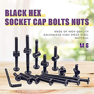 Swpeet 192Pcs M6 × 20/30/40/50/60/70/80mm Black Zinc Flat Head Hex Socket Cap Baby Crib Bed Bolts and Threaded Insert Nuts with Flange Nuts and 4 Pronged Tee T Nuts Kit with Allen Wrench