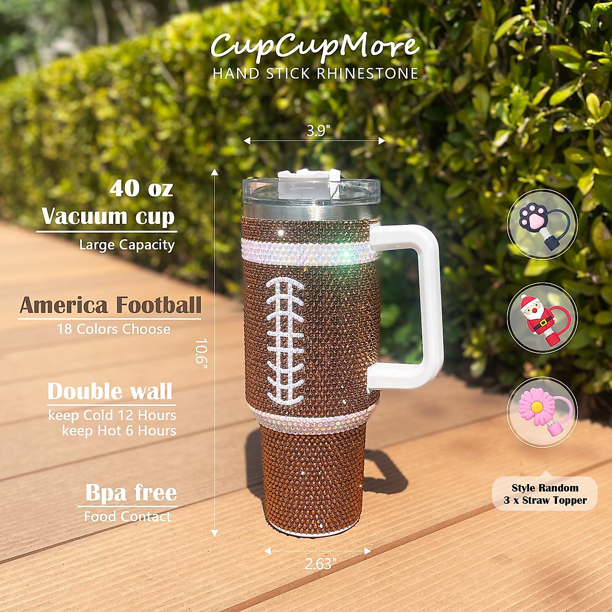 Cupcupmore 40oz America Football Bling Rhinestone Stainless Steel Sippy Tumbler Glitter Vacuum Insulated Water Bottle with Straw & Lid &Handle,Thermos for Hot & Cold Drinks,Car Cup Holder,Coffee