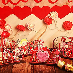 Jetec 7 Pieces Valentine's Day Table Decorations Set Wooden Heart Table Centerpiece Love Wood Sign with LED Rose Lamp String Light Valentine Decorations for Home Anniversary Wedding Party Decors