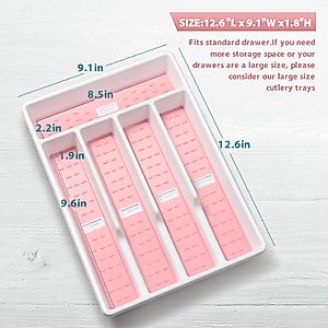 Joequality Silverware Organizer with Icons，Plastic Cutlery silverware Tray for Drawer，Utensil Flatware Tableware Organizer for Kitchen with Non-slip TPR,Fits Standard Drawer,5-Compartment,Pink
