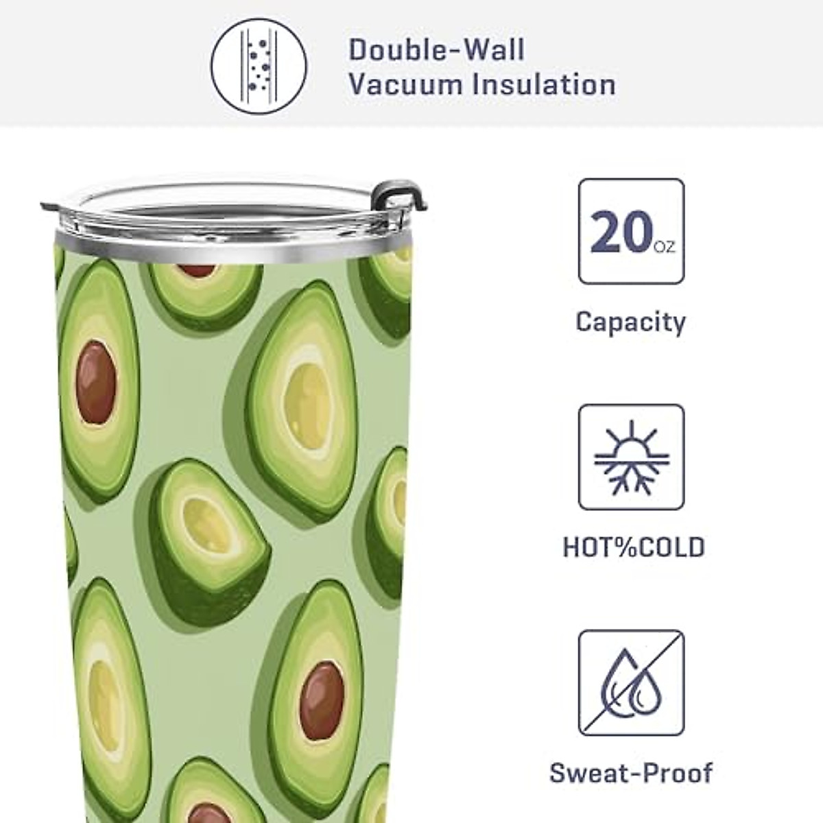 sanluoli Cute Cartoon Avocado Stainless Steel cups with lids reusable with Straw Lid coffee travel mug 20oz for café cute vacuum insulated tumbler with lid 20 OZ