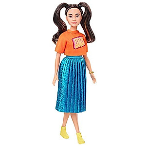 Barbie Fashionistas Doll #145 with Long Brunette Pigtails Wearing Orange T-Shirt, Shimmery Blue Skirt, Yellow Kicks & Bracelet, Toy for Kids 3 to 8 Years Old