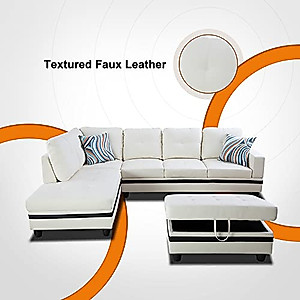 GEBADOL 103" Wide Sectional Living Room Furniture Set L-Shape Sofa Chaise and Storage Ottoman 3 Pieces Faux Leather Couch Set (White&Black/Left-Hand Facing)