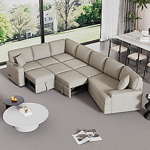 Aiuyesuo Modern 126" L-Shaped Sofa, Sectional Sofa Couch with Charging Devices, Pull-Out Sofa Bed with Cup Holders, Convertible Sectional Sofa for Living Room Apartment (Beige-193J)