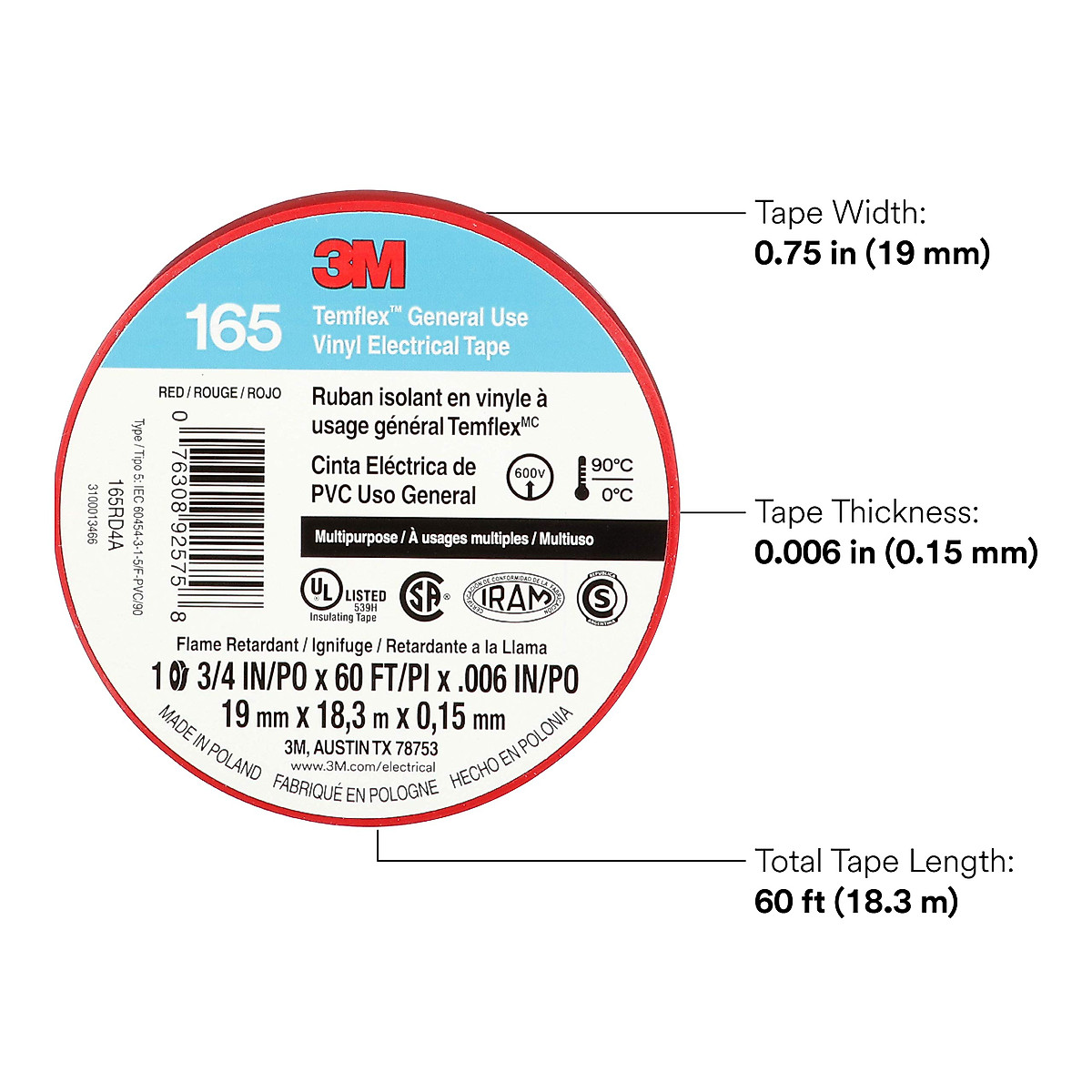 3M Temflex Multi-Purpose Vinyl Electrical Tape 165, Red, 3/4 in x 60 ft (19 mm x 18 m), 10 Roll Pack