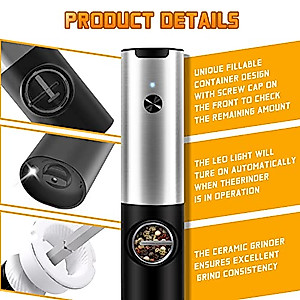 Salt and Pepper Grinder Set, Rechargeable Pepper Grinder Automatic Pepper Grinder Adjustable Coarseness with Charging Base LED Light, 2 Pack