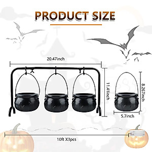 HOMSHIAM Halloween Decorations,Set of 3 Witches Cauldron Serving Bowls on Rack with Shelf and String Lights -Black Plastic Candy Bucket Cauldron for Halloween Decor Indoor Outdoor Home Kitchen