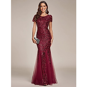 Ever-Pretty Women's Tulle Sequin Bodycon Open Back Mermaid Formal Gowns and Evening Dress Burgundy US8