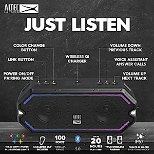 Altec Lansing HydraBlast Wireless Portable Bluetooth Speaker, IP67 Waterproof for Parties, USB C Rechargeable Outdoor Speakers with Built in Phone Charger and LED Lights, 20 Hour Playtime (Black)