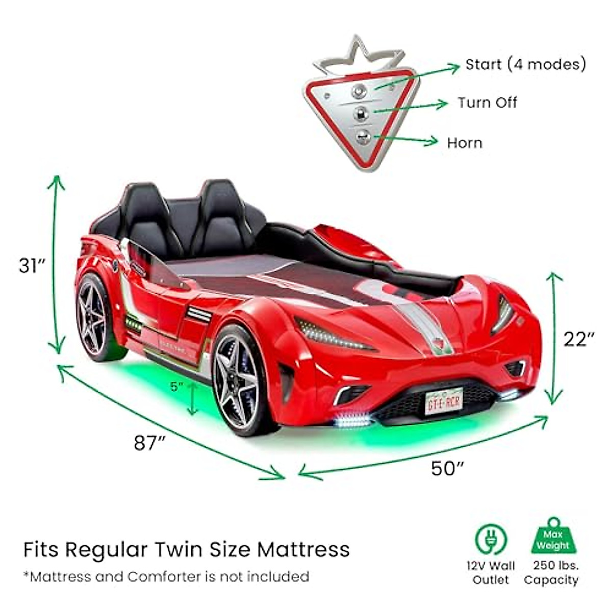 Cilek GTS EV Twin Race Car Bed, Remote Control, LED Lights, EV Sound FX, Vegan Leather Interior, License Plate, Red