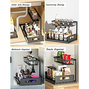 JPSDOWS Under Sink Organizer Storage for Kitchen Cabinet 2 Tier Metal Sliding Pull out Drawer Shelf Basket Organization Rack Multi-purpose for Bathroom Countertop Black