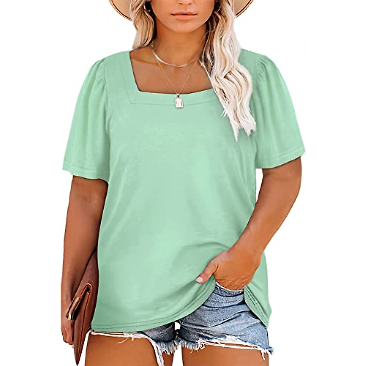 Eytino Womens Plus Size Shirts Square Neck Puff Sleeve Loose Fit Blouse Tops,4X Light Green