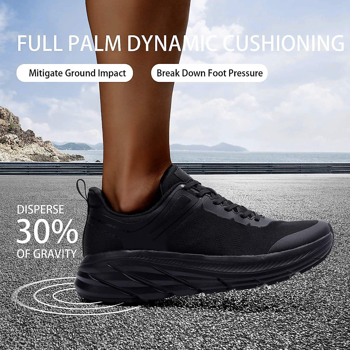 Grand Attack Road Running Shoes for Men with Superior Cushioned Comfort Lightweight Mens Walking Shoes Non-Slip Breathable Athletic Tennis Cross-Training Shoes Rugby Sneakers Black Size 8