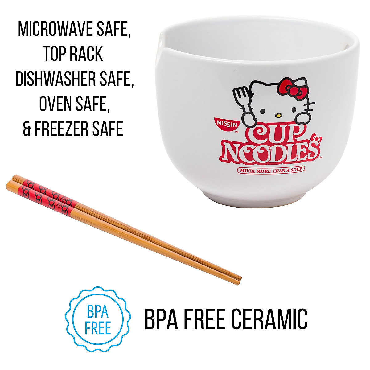 Silver Buffalo Hello Kitty Cup Noodles Nissin Boxed Ceramic Ramen Noodle Bowl with Chopsticks, 20oz
