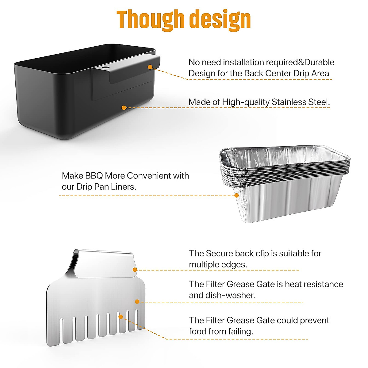 RUSFOL 3-in-1 Grease Catcher Pan with Stainless Steel Mesh Screen Grease Gate and 10 Pcs Aluminum Drip Pans Liner for 28"/36 Blackstone Griddles, Free from Drill&Easy Install BBQ Accessories