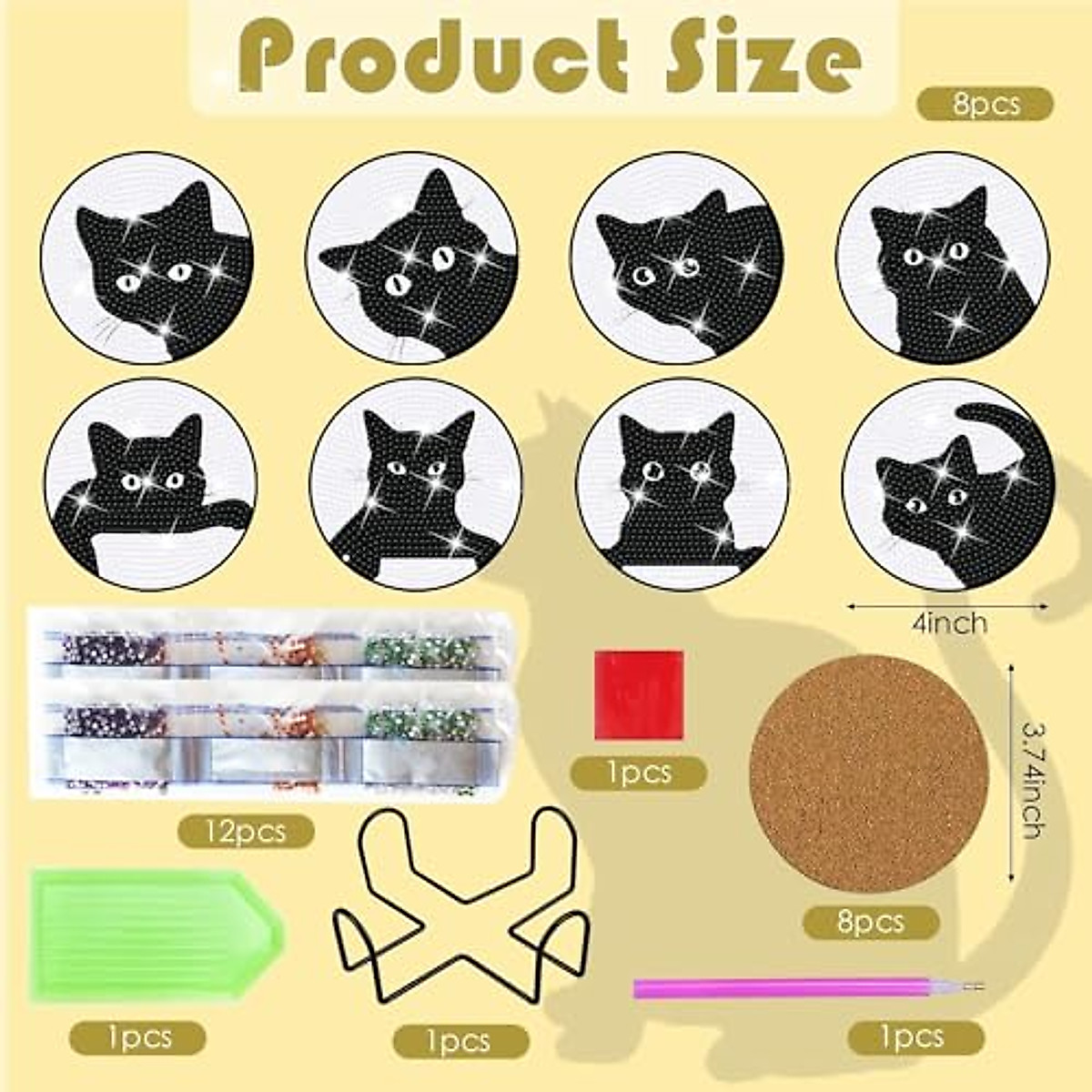 8 Pcs Black Cat Diamond Art Coasters Kits with Holder DIY Cute Cat Diamond Art Coaster Non Slip Coaster for Adults Diamond Kits Supplies for Christmas Gift