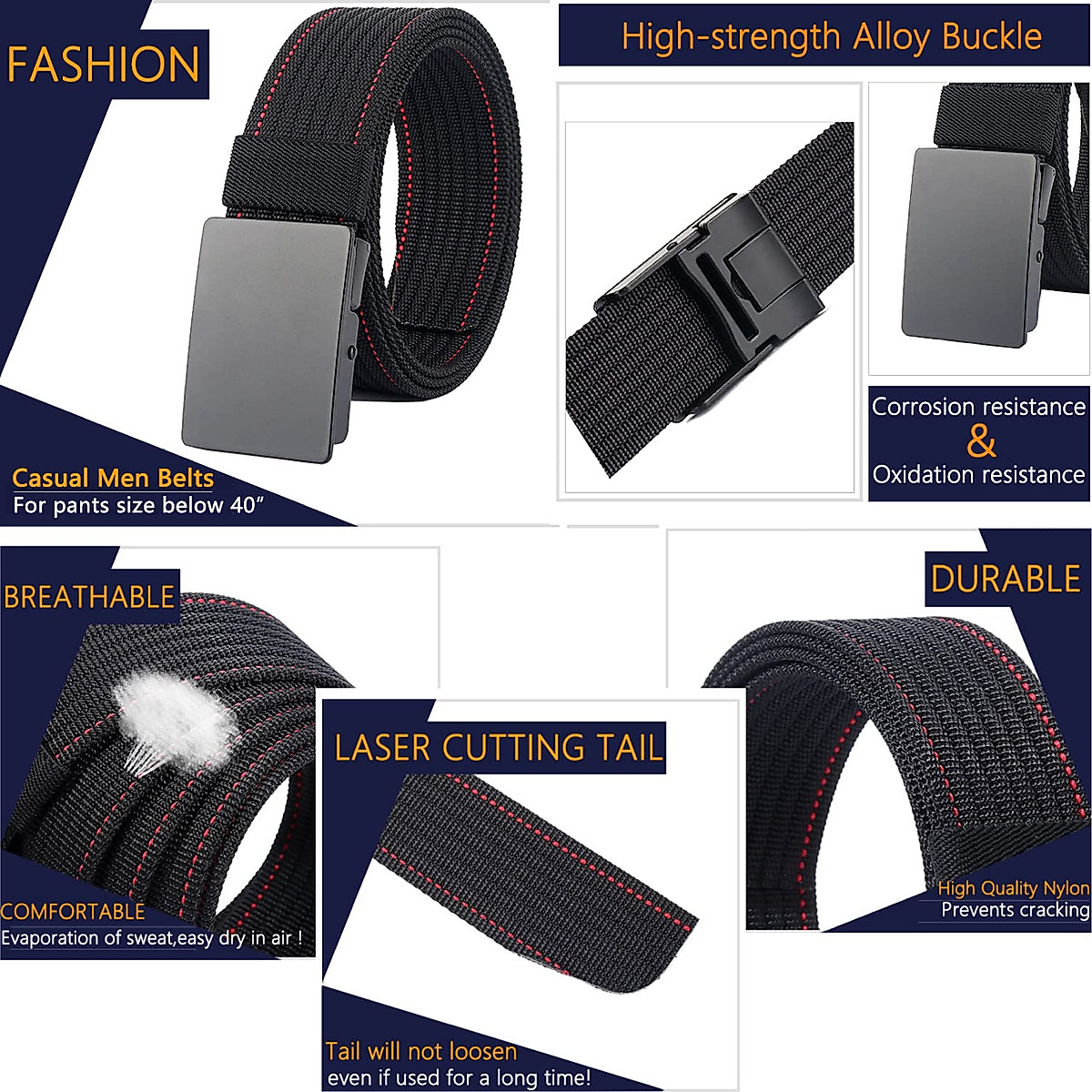 Mens Web Belts for Work, Metal Buckle Field Belt for Outdoor Sport Golf Hiking Skiing, Adjustable for Pants Size Below 46inches[53" Long 1.5" Wide](Black)