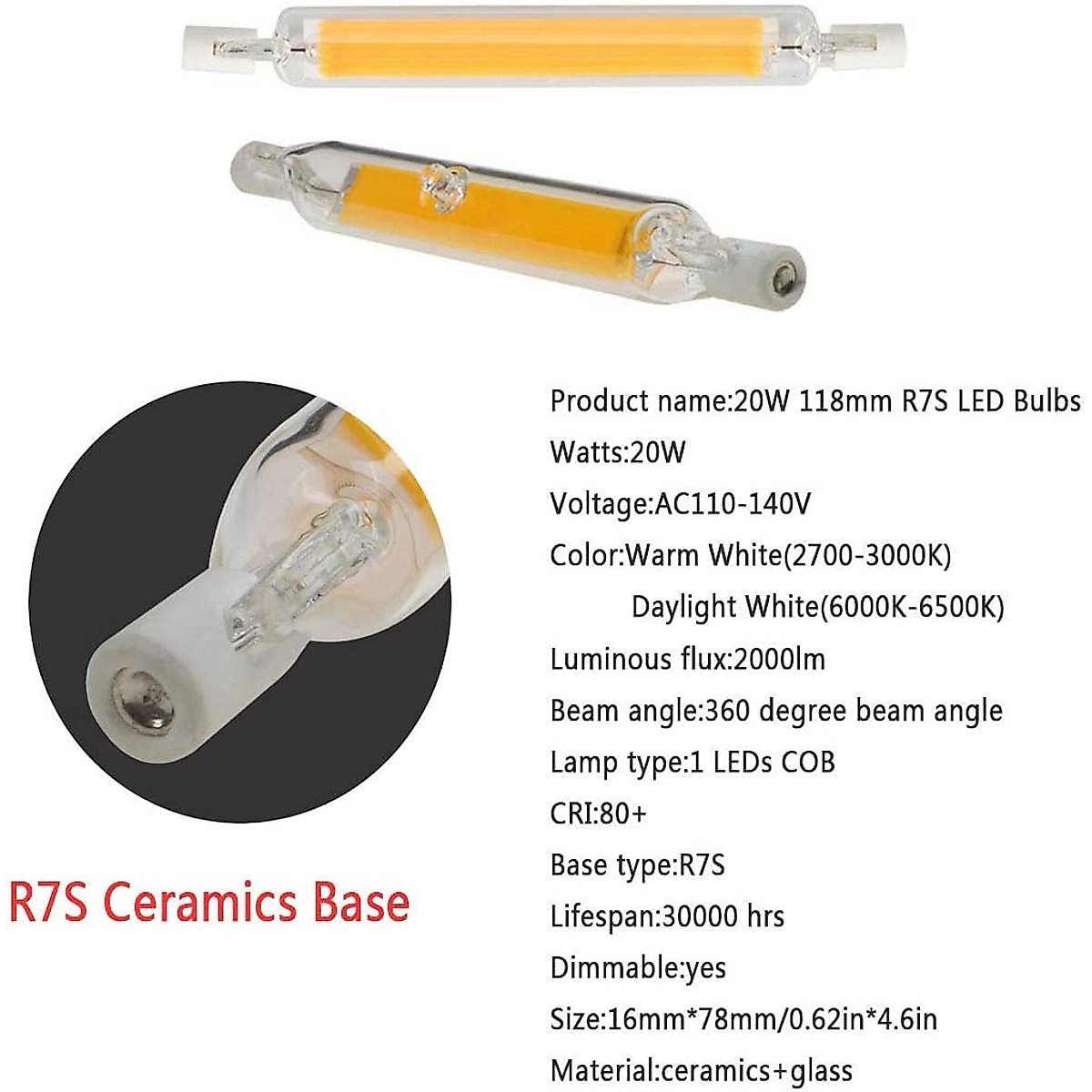 118mm 20W R7S LED Bulb 200W Halogen Equivalent 118mm J-Type High Brightness 20W 120V R7S Base 6000K Daylight White J Type T3 118mm Double Ended Flood Light 360°Beam Angle, Pack of 4
