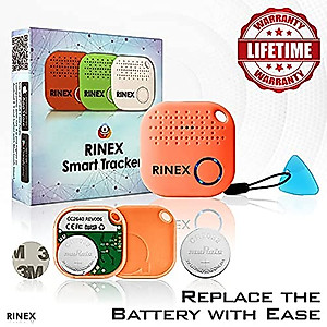 Bluetooth Key Finder – Key Locator Device with App, Siri Compatibility, & Extra Battery – Anti-Lost Keychain Tracker Device for Phone by Rinex - 3 Pack & Green, White, Orange