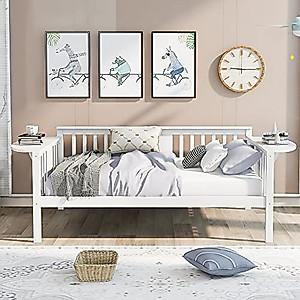 UBGO Full Daybed, Wood Size Sofa Bed with 2 Folding Tables, Children's Cot, Bedroom Living Room Furniture, Wooden Slat Support, Box Required, White C