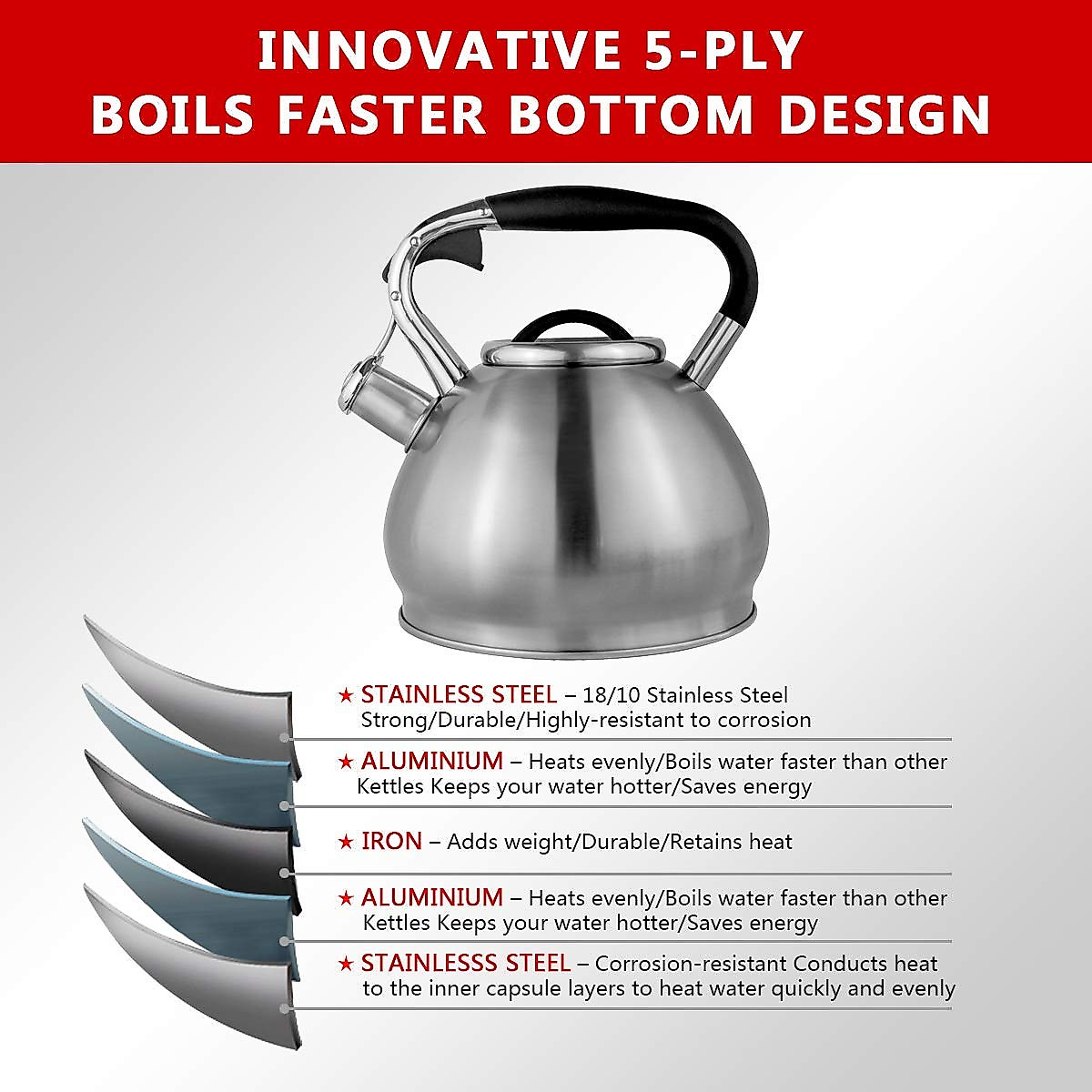 Whistling Tea Kettles Stovetop with Boils Faster Bottom,Surgical Brushed Stainless Steel Finish Whistling Teapot, 3 Quart,1YR Warranty, 1 Tea Maker Infuser Included by Kmatee