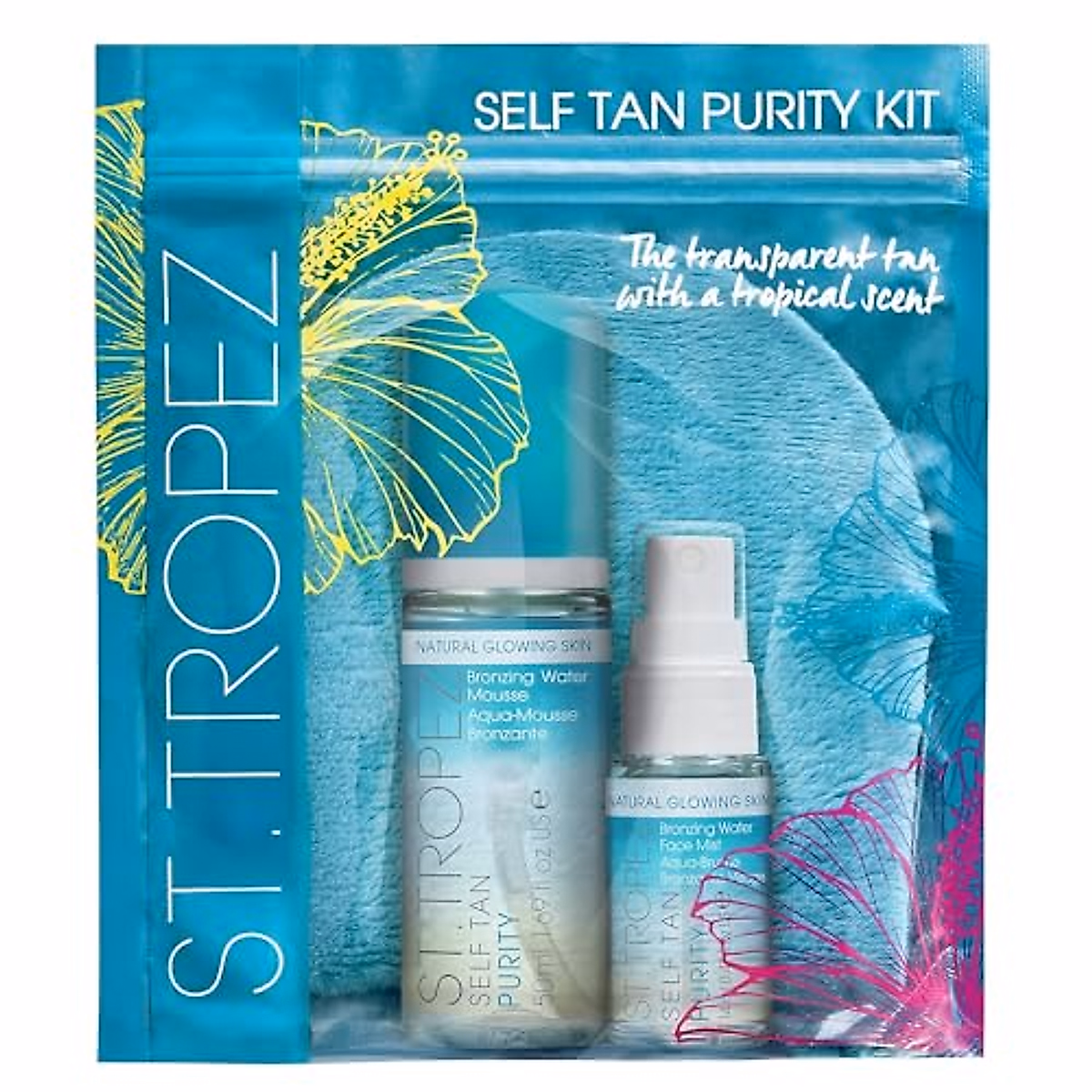 St.TropezZ Self Tan Purity Mini Kit, Travel Size, Bronzing Water Mousse 1.69 Fl Oz, Tanning Water Face Mist 0.47 Fl Oz and Applicator Mitt, Vegan, Natural & Cruelty Free