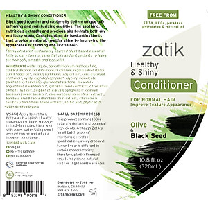 Zatik Naturals - Healthy and Shiny Conditioner with Olive and Black Seed, Vegan, Biodegradable, pH Balanced, FREE from EDTA, PEG, Parabens, fragrances, phthalates & mineral oil, 10.8 fl oz, 320ml