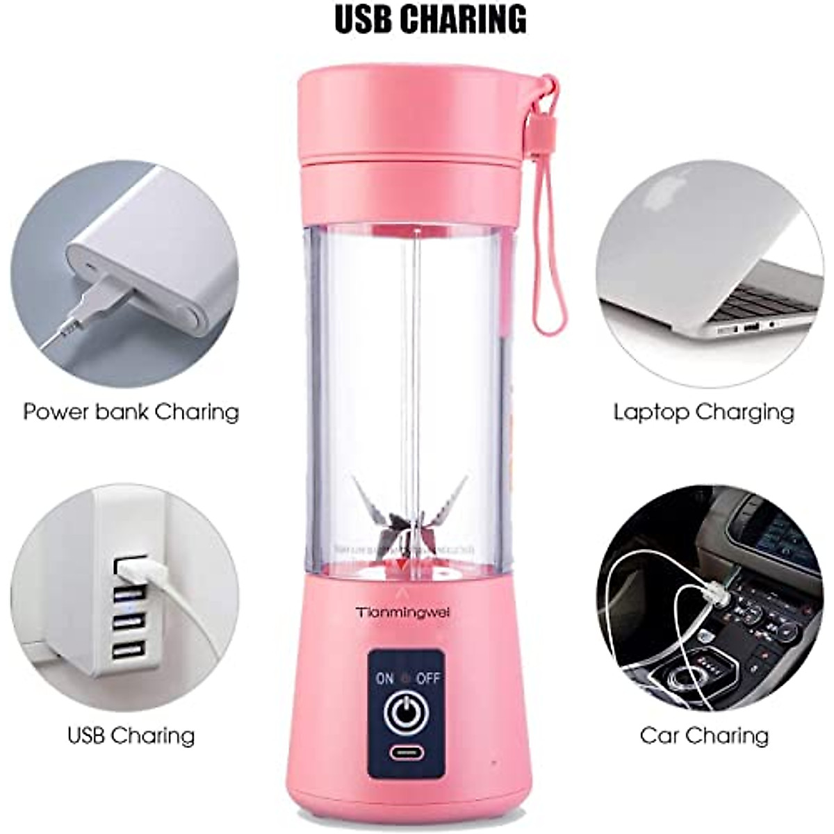 Tianmingwei Portable Blender USB Personal Juicer Cup 6 Blades Rechargeable Fruit Mixing Machine For Baby Travel 380ml[New Version] (Pink)