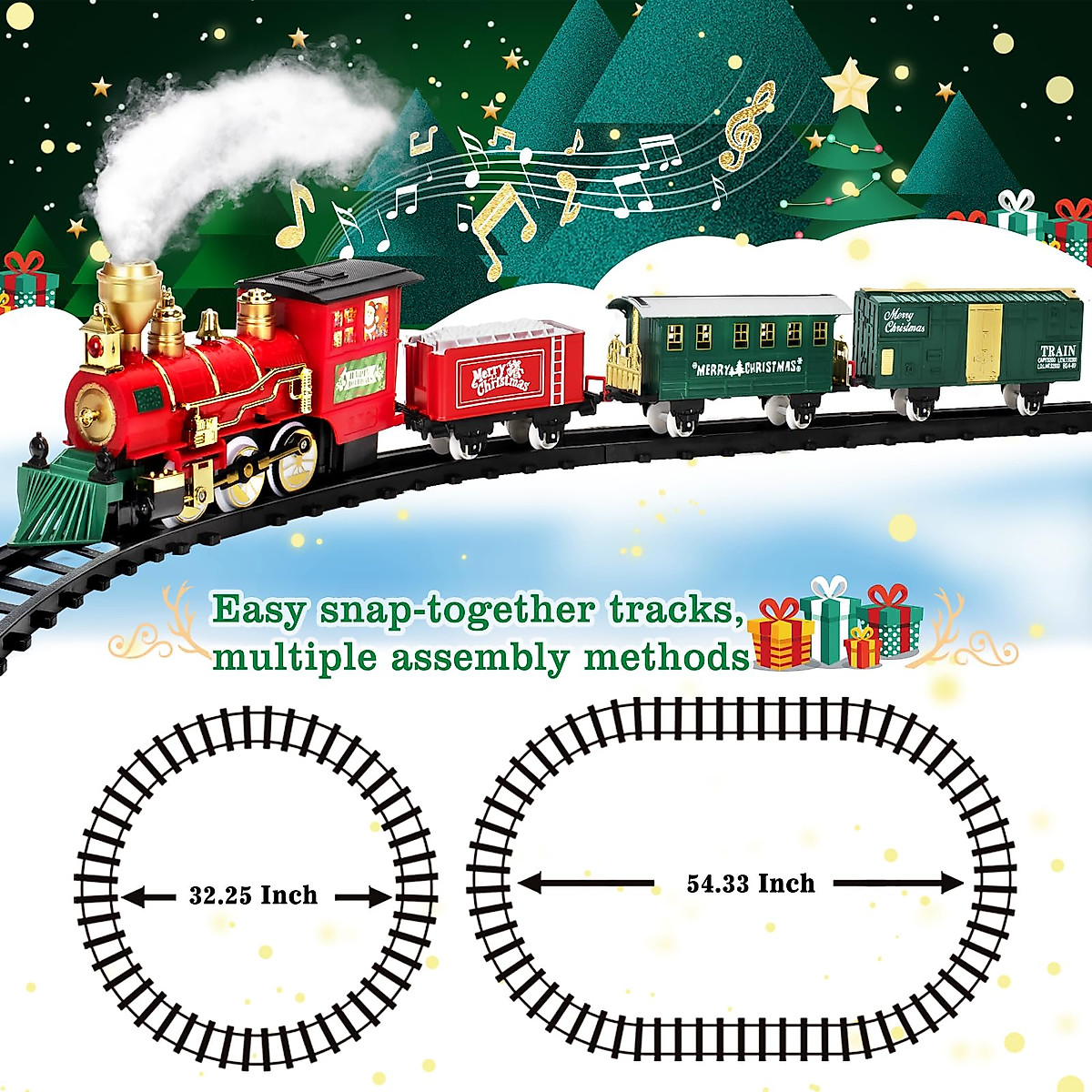 BainGesk Train Set with Steam Locomotive Engine, Christmas Train Set for Christmas Tree, Electric Train Toys with Smoke, Light & Sounds, for 3 4 5 6 7 8+ Year Old Boys Girls