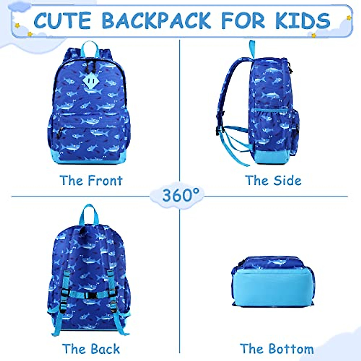 VASCHY Toddler Backpacks Boys, Lightweight Water Resistant Daycare Preschool Backpack for Little Boys and Girls w Chest Strap Ocean Shark