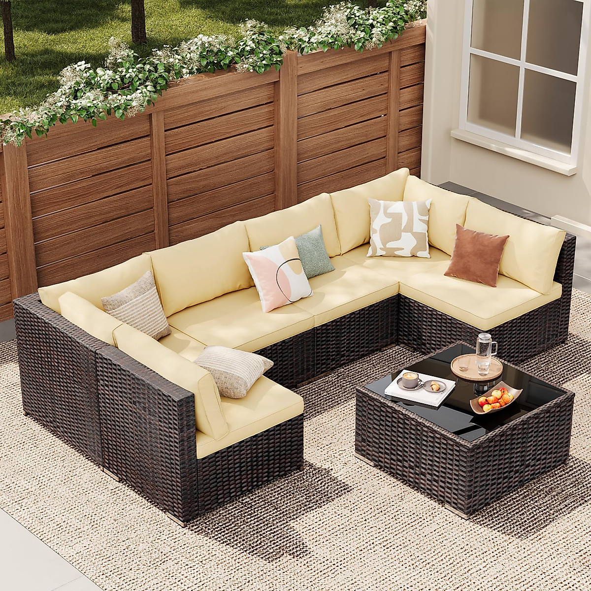 Qsun 7-Piece Patio Furniture Set, Outdoor Sectional PE Wicker Rattan Patio Set. Outdoor Furniture a Glass Coffee Table for Porch Poolside Balcony (Brown Rattan, Beige Cushion)