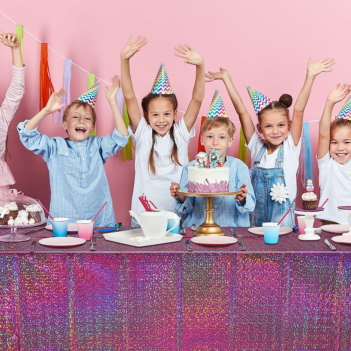 FunnyPars 3 Pack Pink Iridescent Table Cloth for Parties, Pink Plastic Shiny Laser Table Covers, Disposable Holographic Foil Tablecloth Iridescent Party Decorations for Girl Birthday Wedding, 54x108