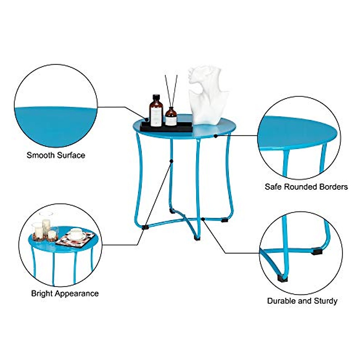 VINGLI Outdoor Side Table, Metal Weather Resistant Round Coffee Table, Patio Side Table End Table, Sofa End Table, Snack Table/Nightstand for Garden, Garden Yard Lawn, Balcony and Office (Blue)