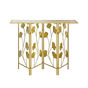 40 Inch Gold Console Table, Sofa Table, Modern Entryway Table, Tempered Glass Shelf with Ginkgo Leaves Decorative for Entryway Living Room Bedroom