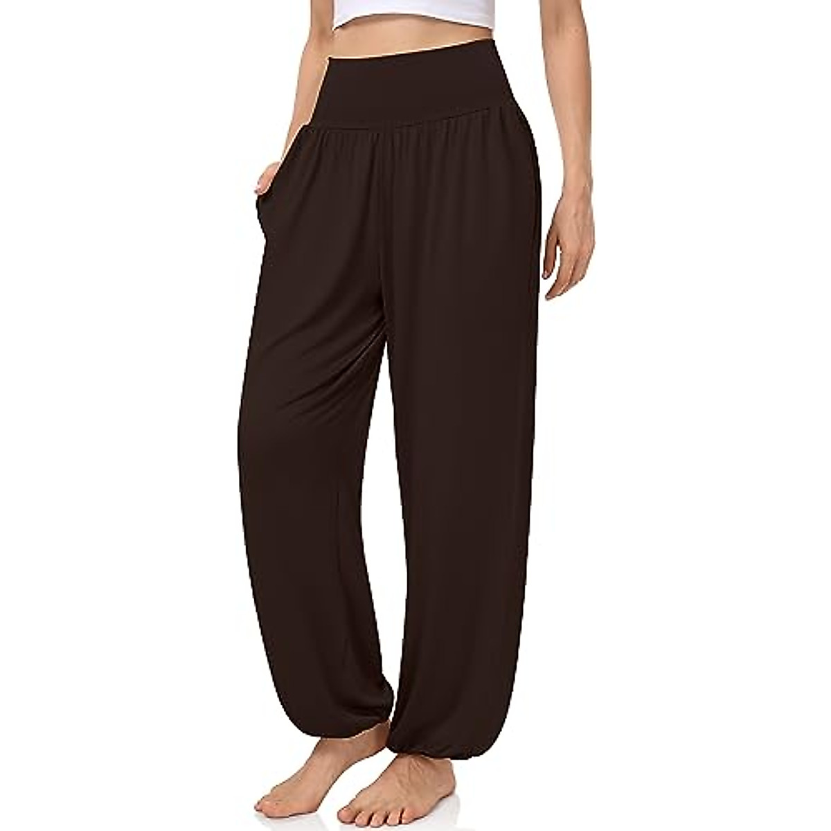 UEU Women's Harem Casual Loose Pants Yoga Sweatpants Flowy High Waisted Lounge Comfy Pajama Joggers with Pockets DarkCoffee L