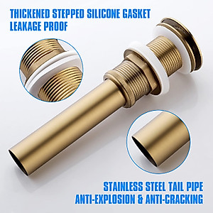 JONKEAN Bathroom Pop Up Drain Without Overflow,Vanity Vessel Sink Drain with Detachable Strainer Basket,Pop Up Drain Stopper Hair Catcher, Built-in Anti-Clogging Strainer(Brushed Gold)