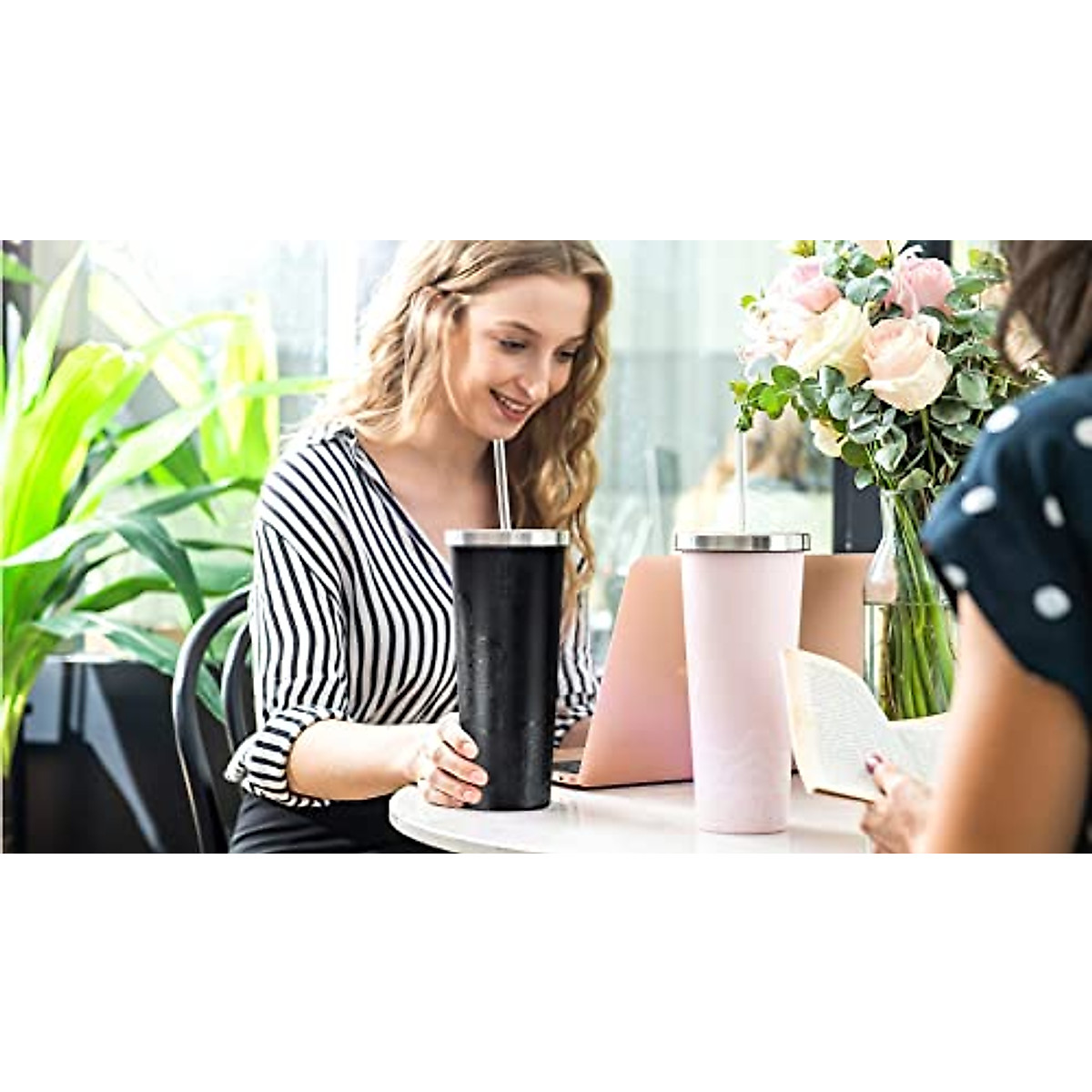 bzyoo SUP Double Wall Vacuum Insulated Tumbler with Straw and Lid Stainless Steel Water Bottle Cold Drink Travel Mug Cup Valentines Gifts For Him & Her (710ml) Color: Mandala Black